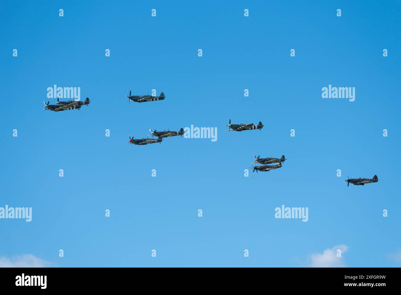 Formation of Second World War RAF Supermarine Spitfires flying at the ...
