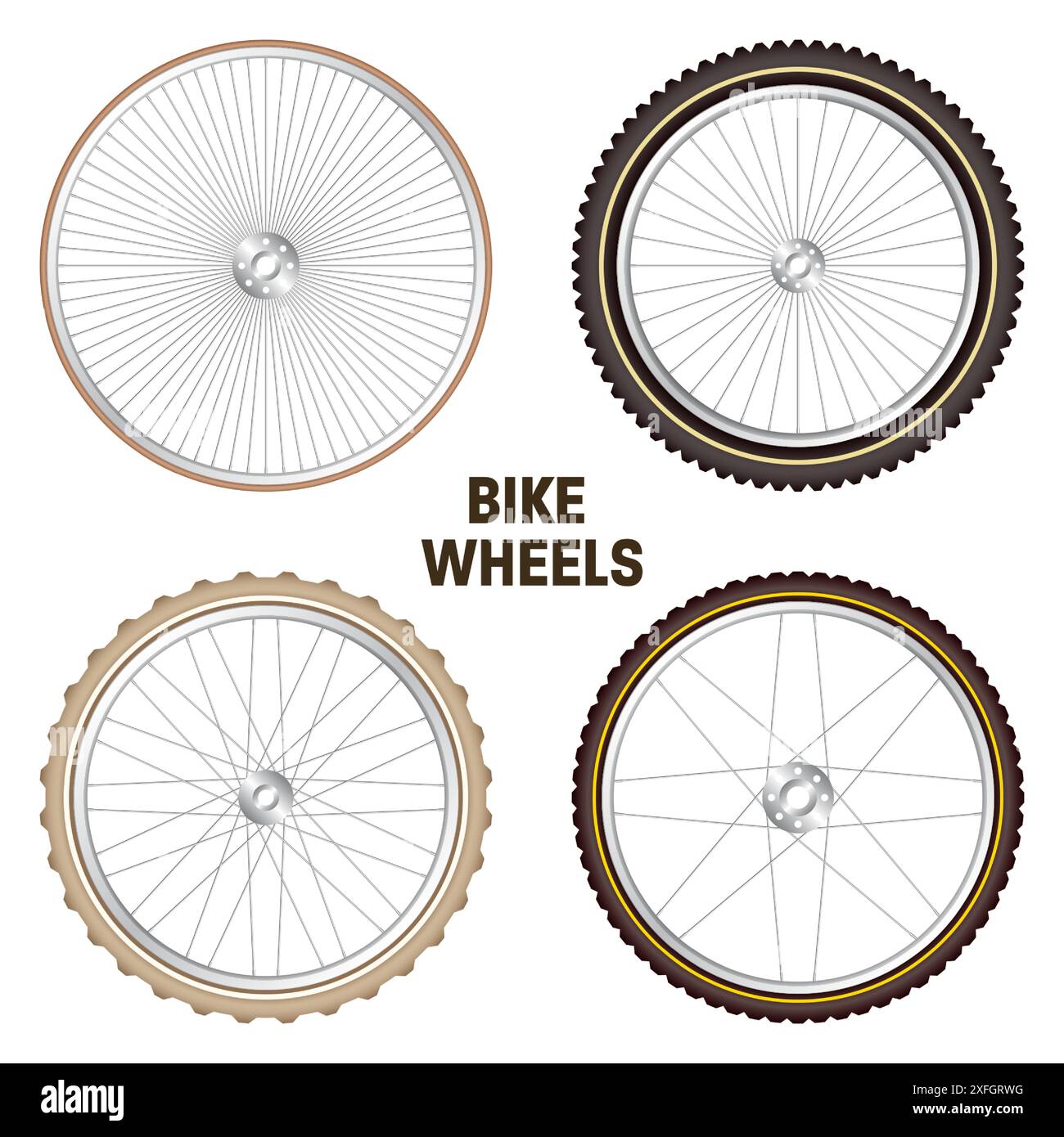 Realistic 3d retro bicycle wheels. Vintage bike rubber tyres, shiny ...