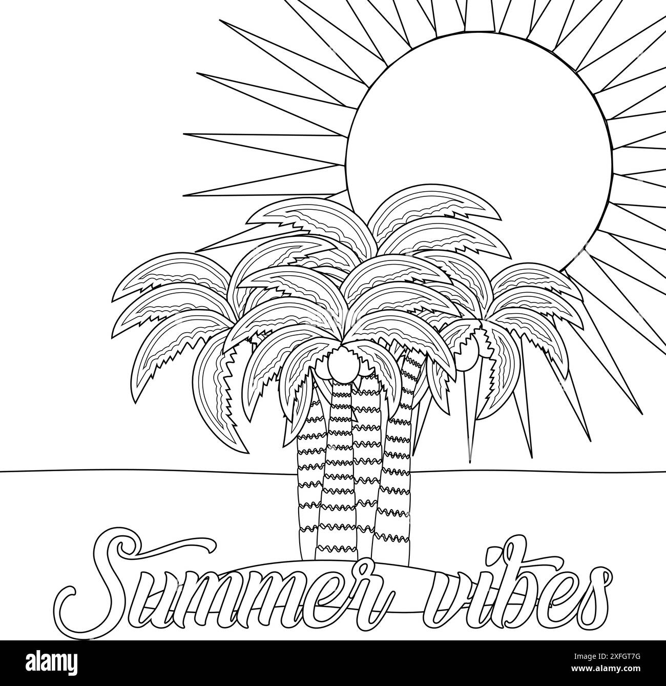 Enjoy a relaxing summer vibes coloring page featuring palm trees and a big sun. Perfect for kids ...