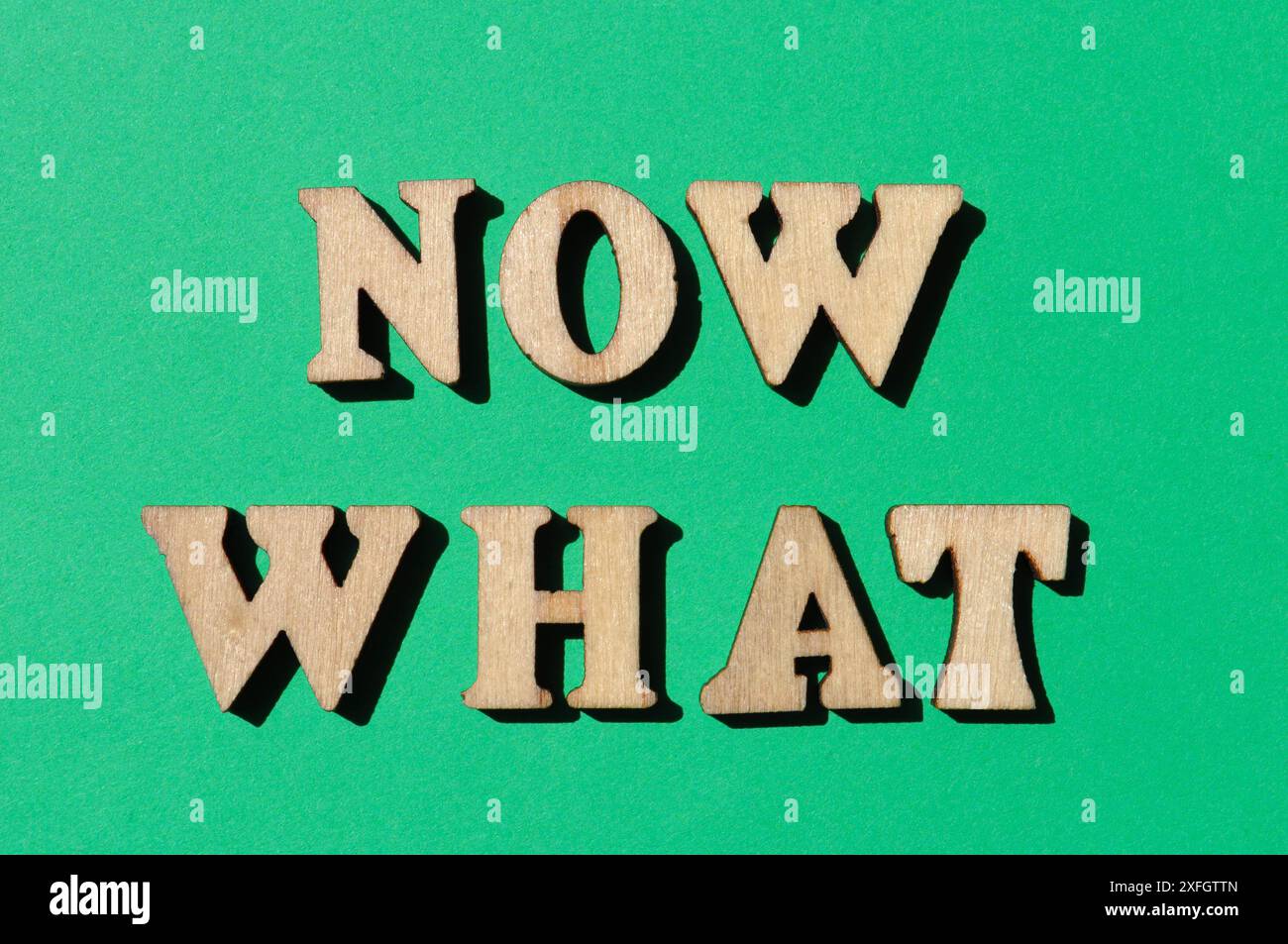 Now What, words in wooden alphabet letters isolated on green background ...