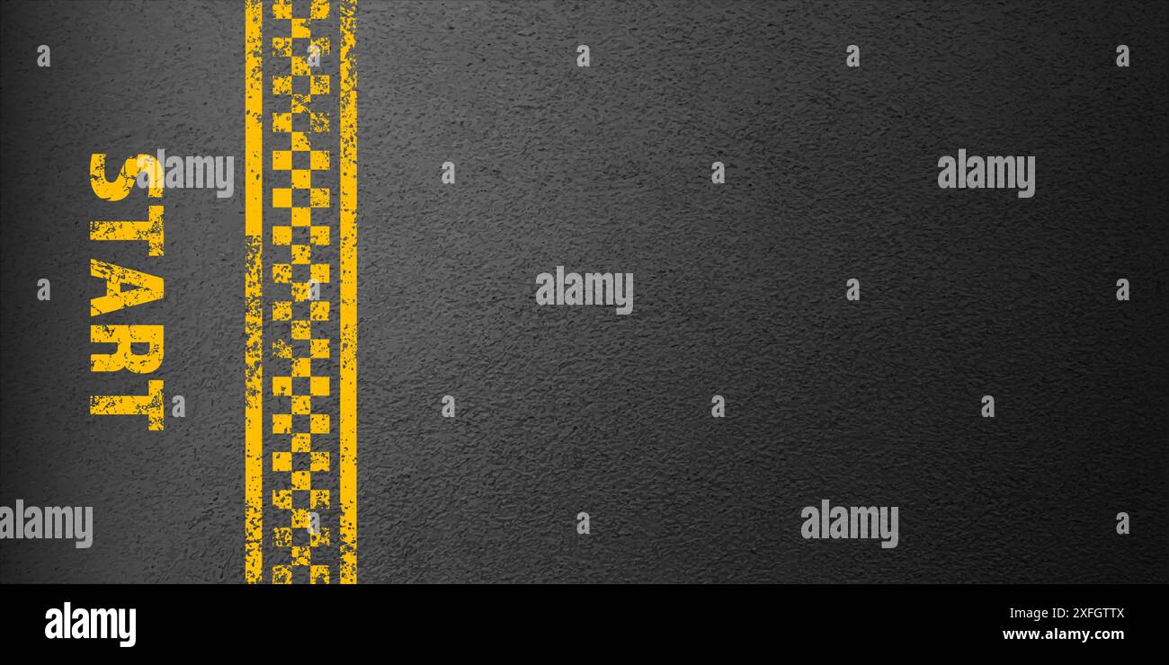 Asphalt road with yellow start line marking, concrete highway surface ...