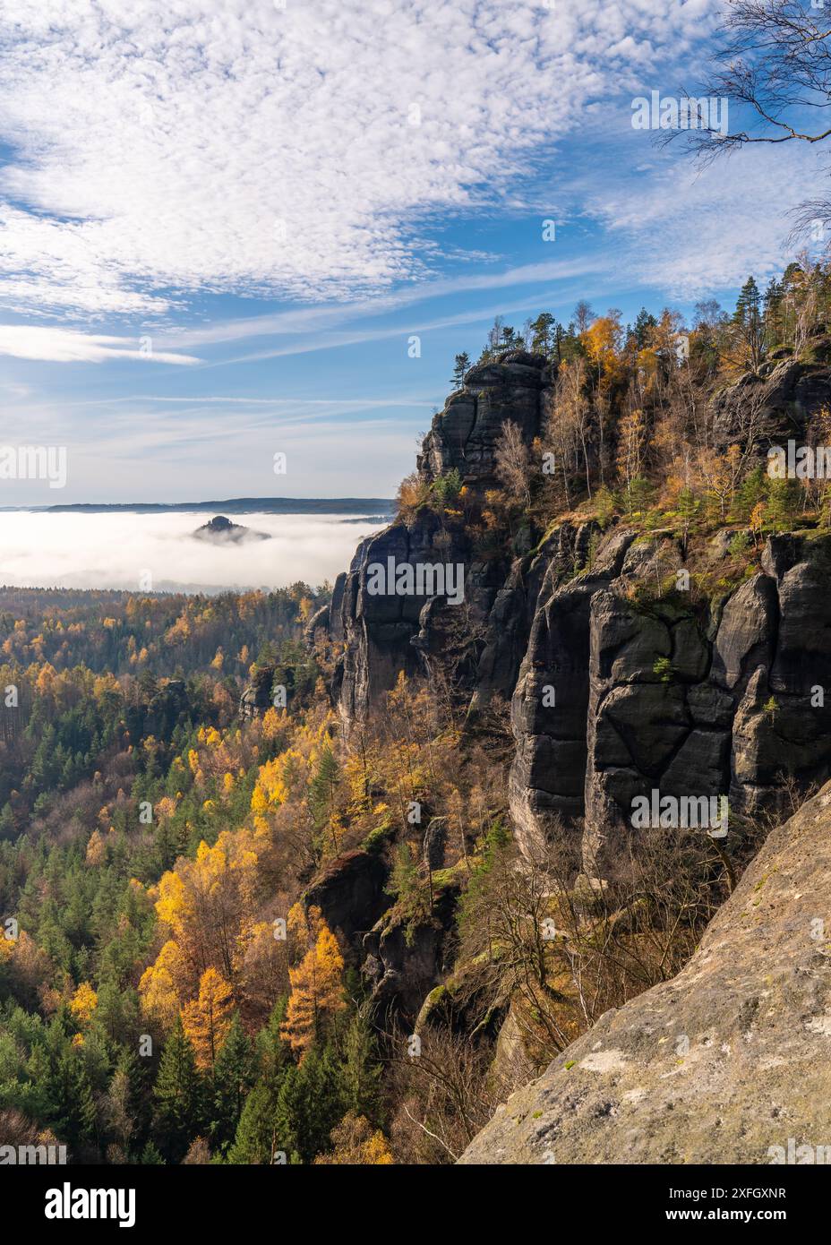 Autumn view of sandstone cliffs in the Elbe River valley, near Dresden ...