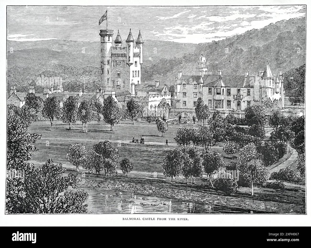 Balmoral Castle from the River Dee, Scotland, vintage engraving from ...