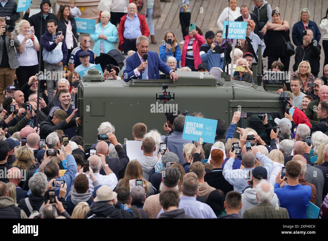 Reform UK leader Nigel Farage gives a speech to supporters on Clacton ...