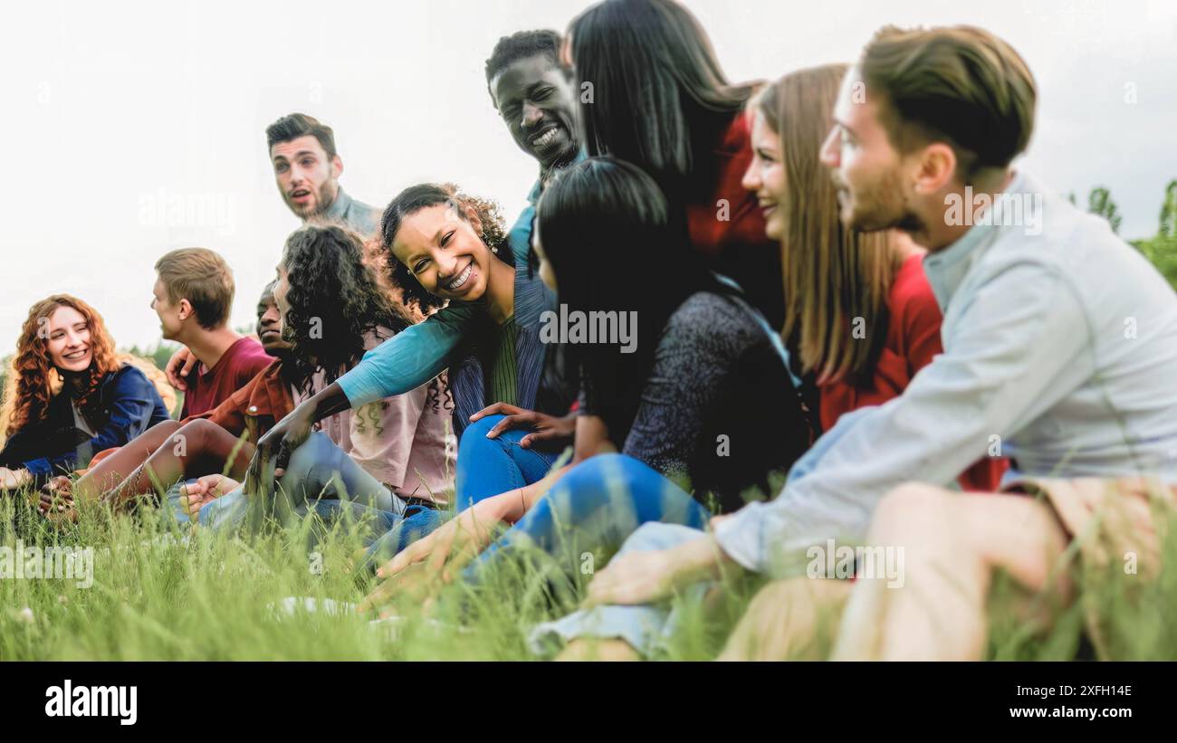 Multiracial diverse group of people having fun in park city. Young ...