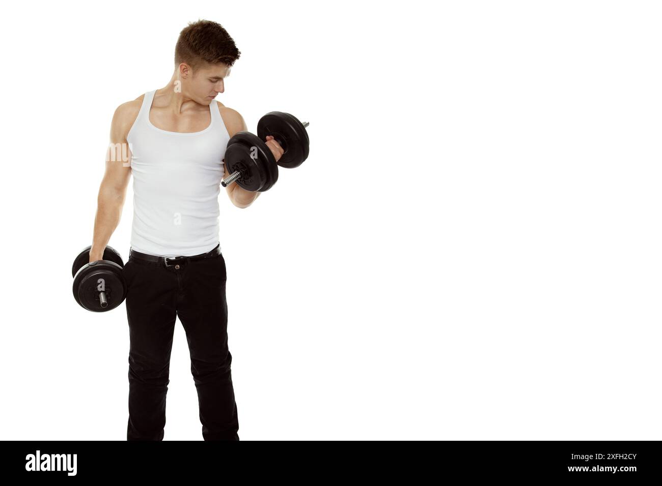 muscular man lift heavy dumbbells to gain muscles and get slim and fit ...