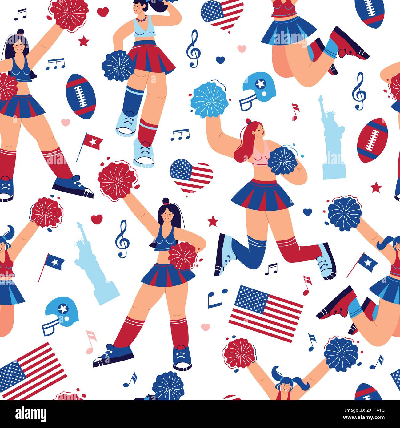 Seamless pattern Cheer leading Usa girls dancers figure vector Sport support. High school ...