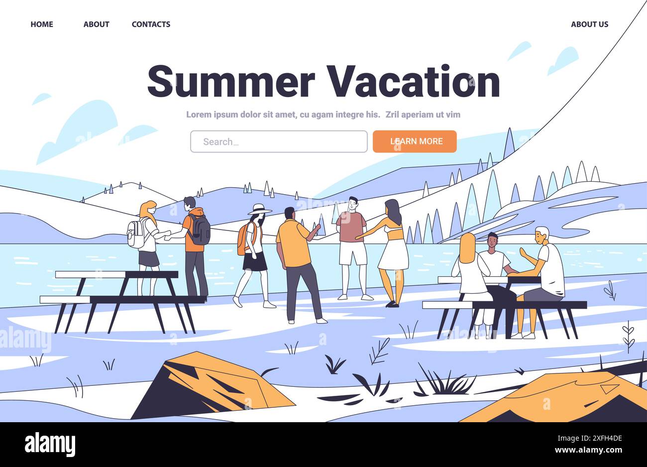 Summer vacation outdoor activities people hiking picnic. Group of ...