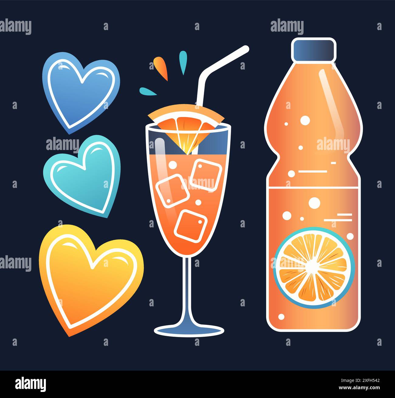 Orange juice bottle glass ice cubes citrus slices colorful hearts dark ...