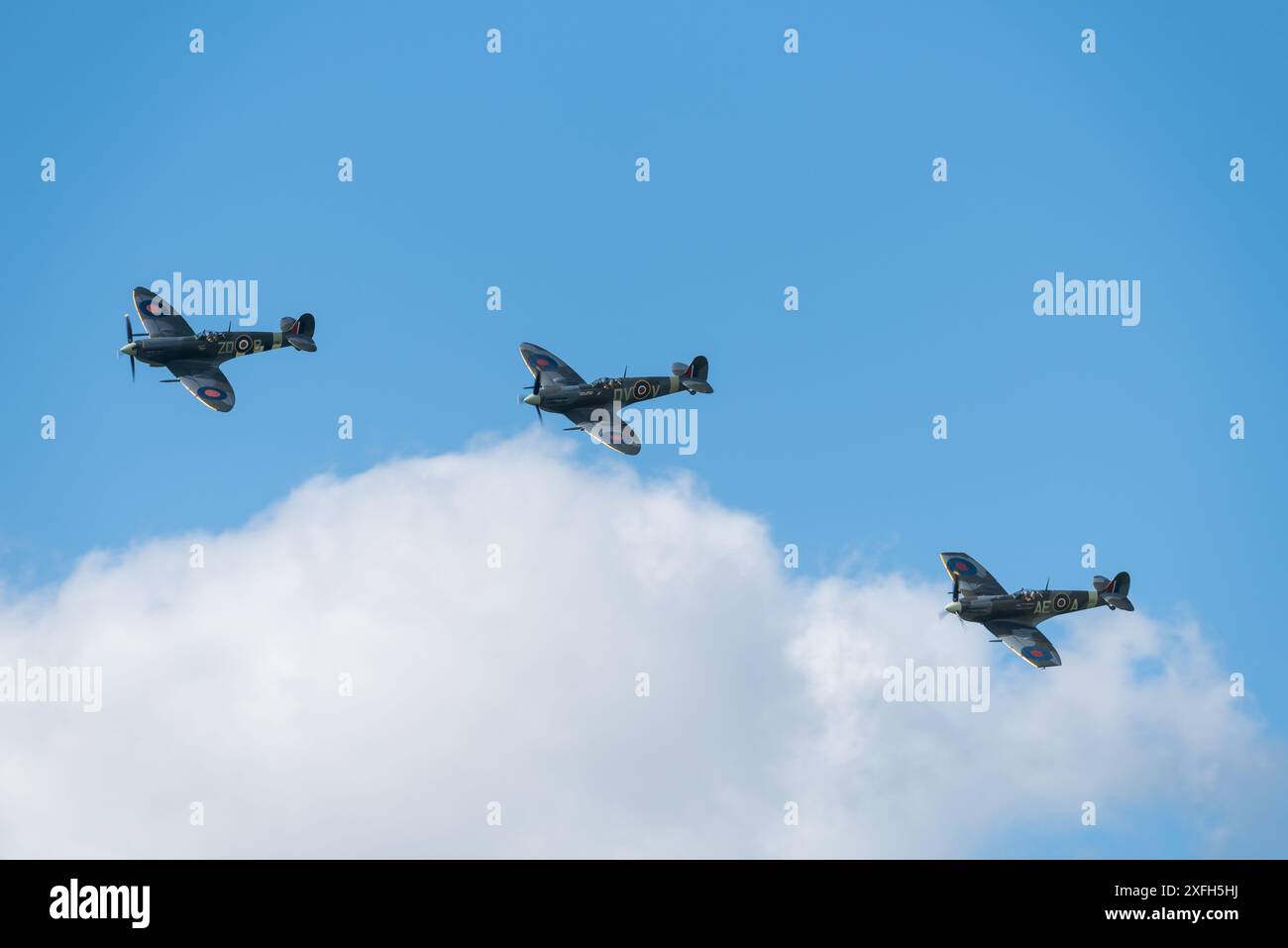 Formation of Second World War RAF Supermarine Spitfires flying at the ...