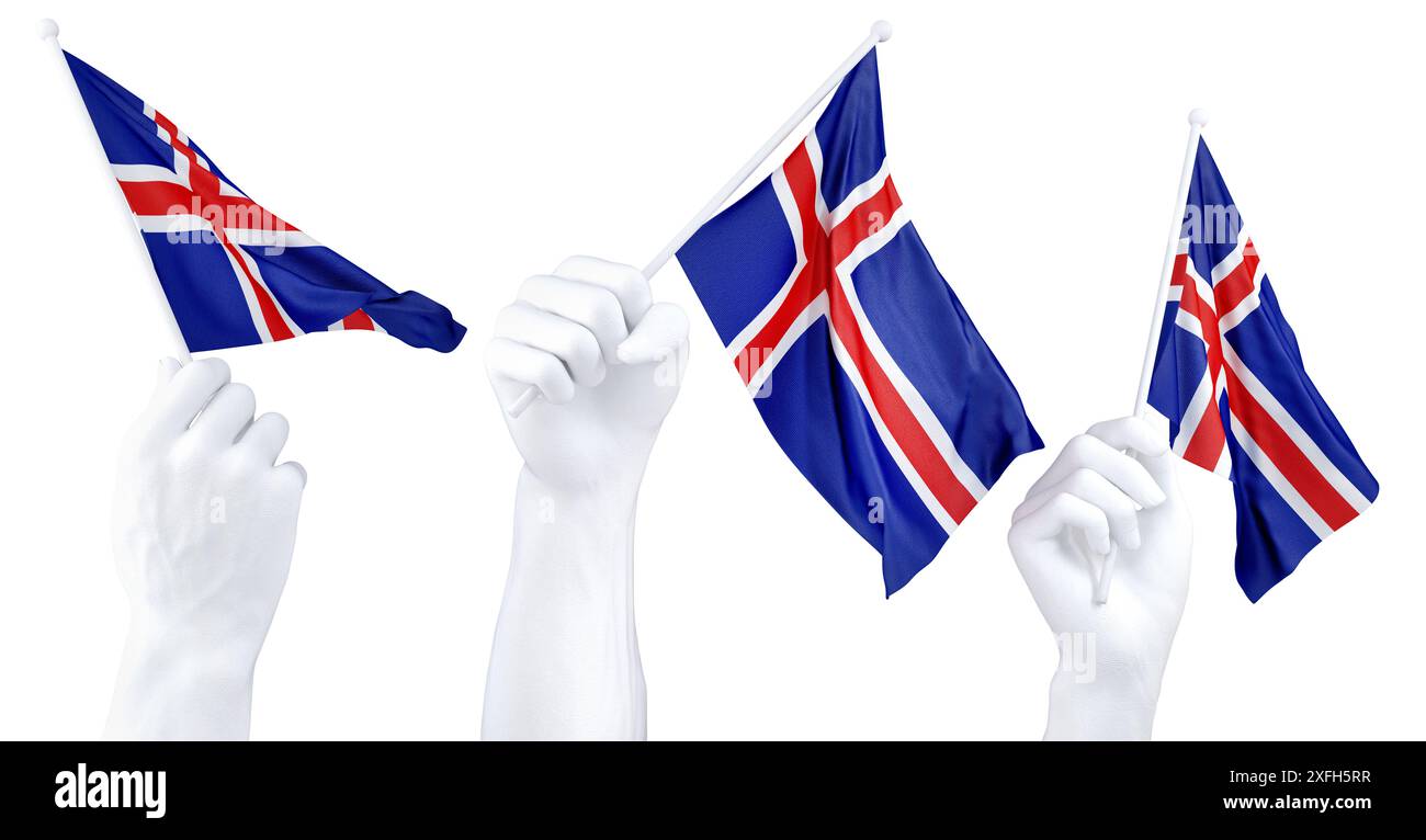 Hands waving flag of Iceland isolated on white. 3d Rendering Stock ...