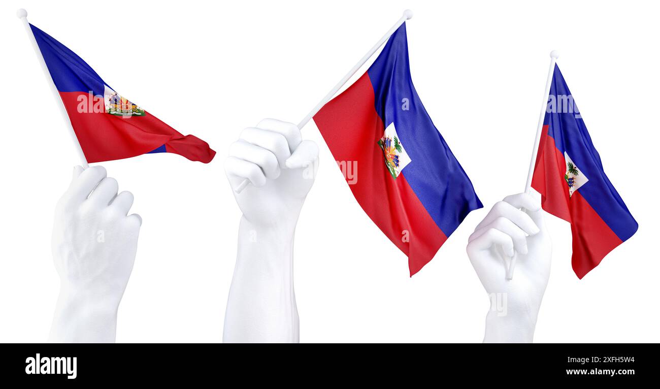 Hands waving Haiti flags isolated on white. 3d Rendering Stock Photo ...