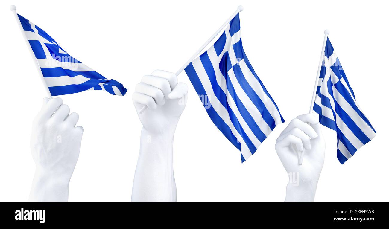 Hands waving Greek flags isolated on white. 3d Rendering Stock Photo ...