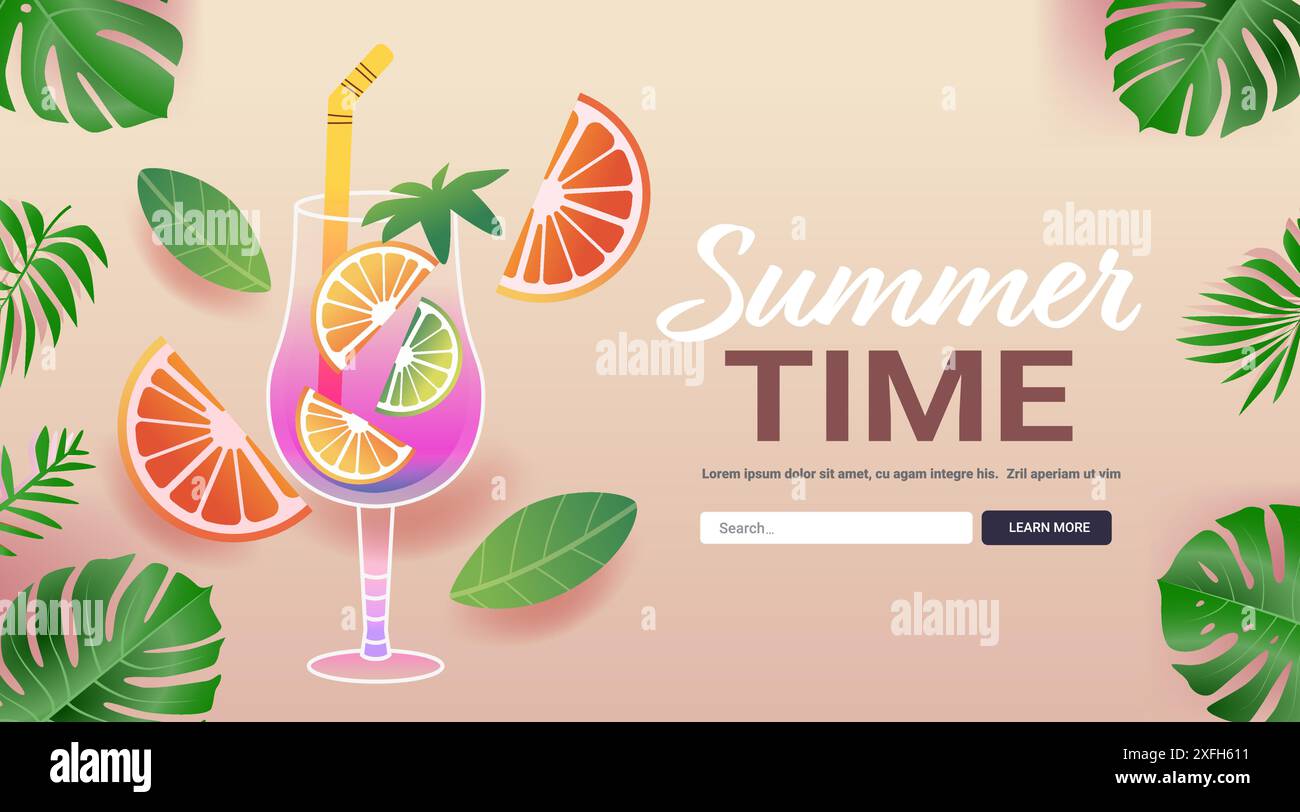 Tropical cocktail with citrus slices and straw surrounded by green ...