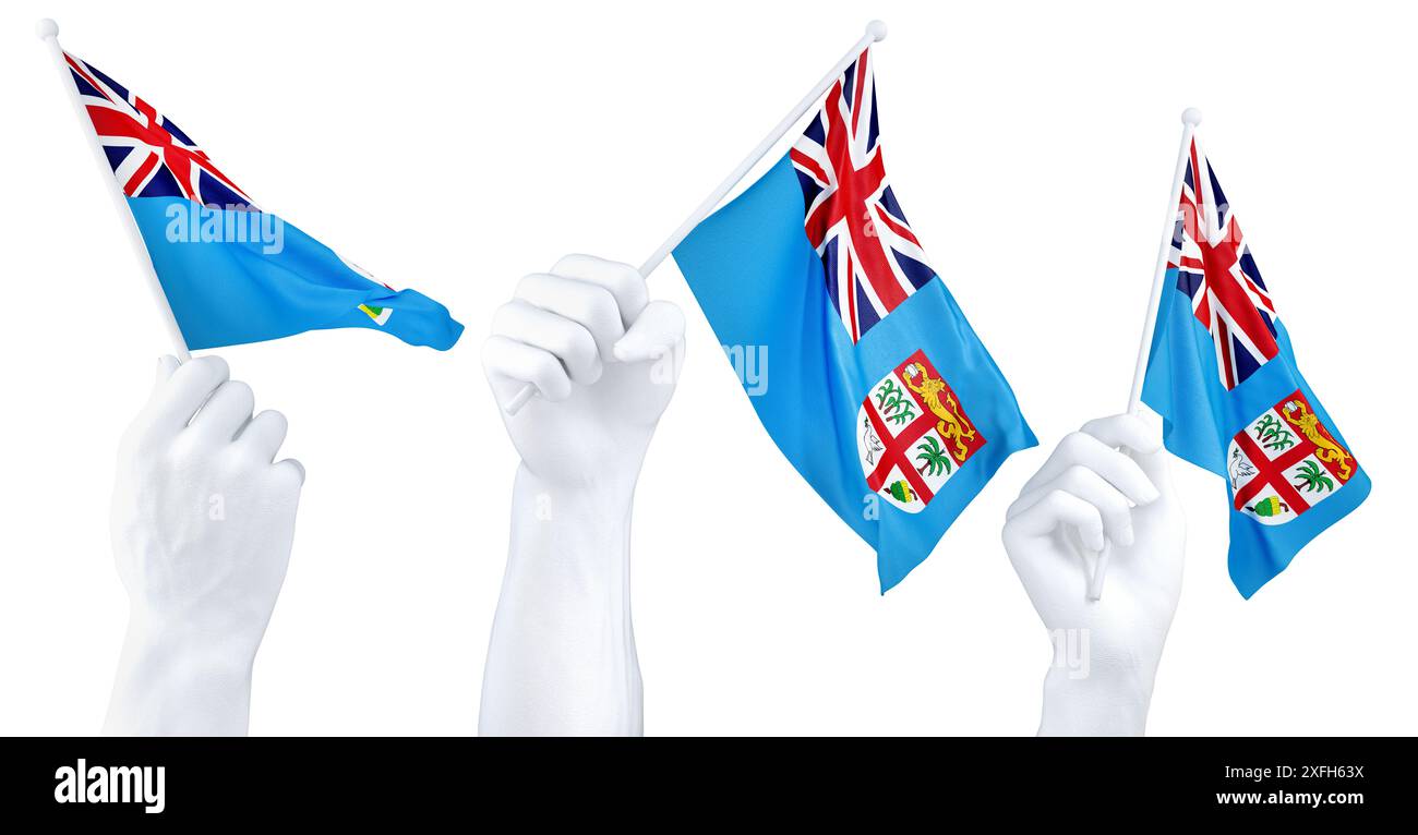 Hands waving flag of Fiji isolated on white. 3d Rendering Stock Photo - Alamy