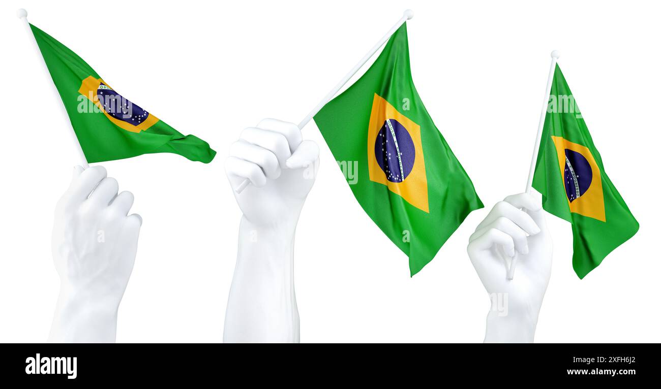 Hands waving flag of Brazil isolated on white. 3d Rendering Stock Photo ...
