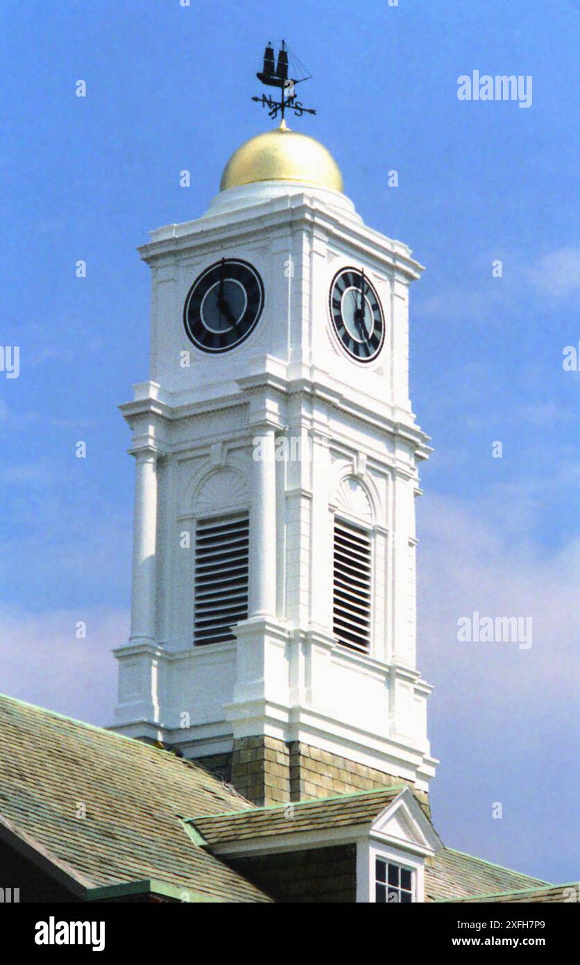 Plymouth, Massachusetts, U.S.A., approx. 1996. Clock tower on the post ...