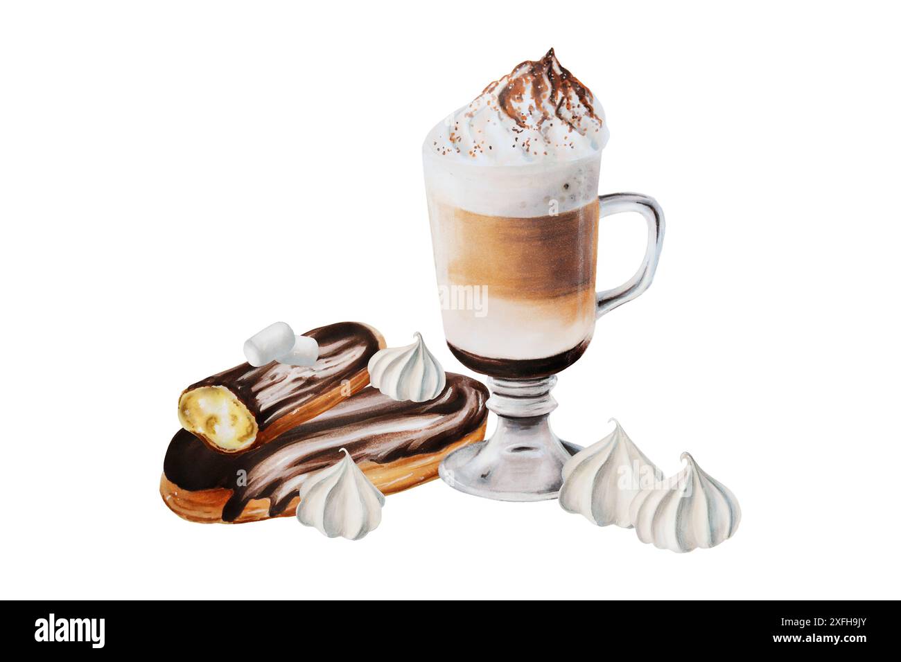 Fluffy foam latte coffee in a glass cup with eclair in chocolate ...