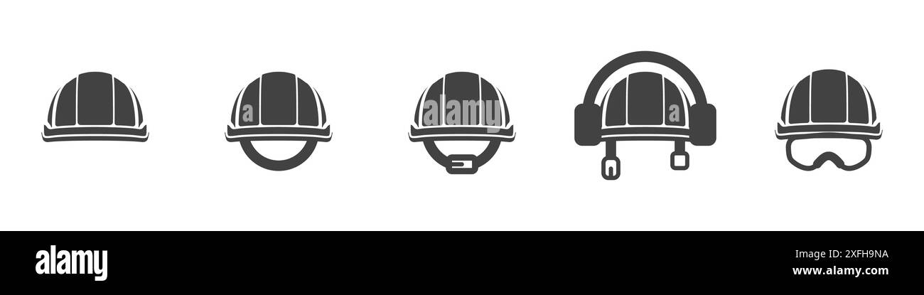 Head protection at work. Gray helmets with various protective elements ...