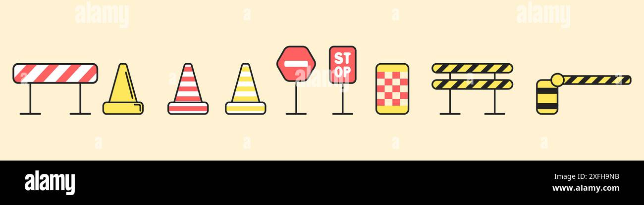 Signs at work. Traffic road repair barriers set. Construction fences ...
