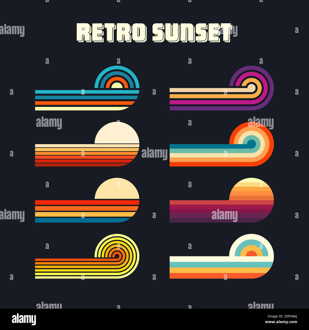 Vintage sunset collection. Various colorful striped sunrise badges in ...