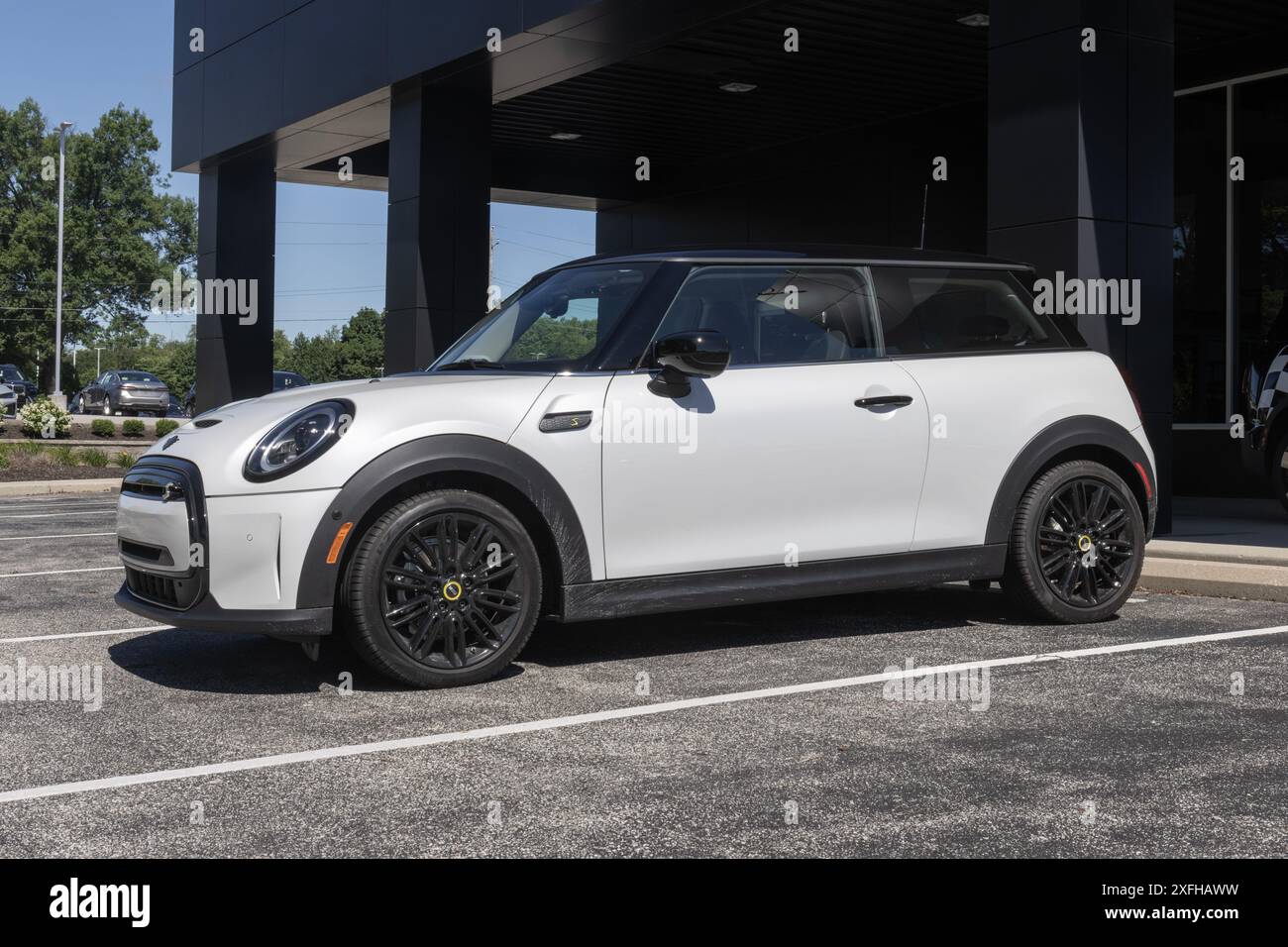 Indianapolis - June 30, 2024: Mini Cooper Hard Top EV display at a ...