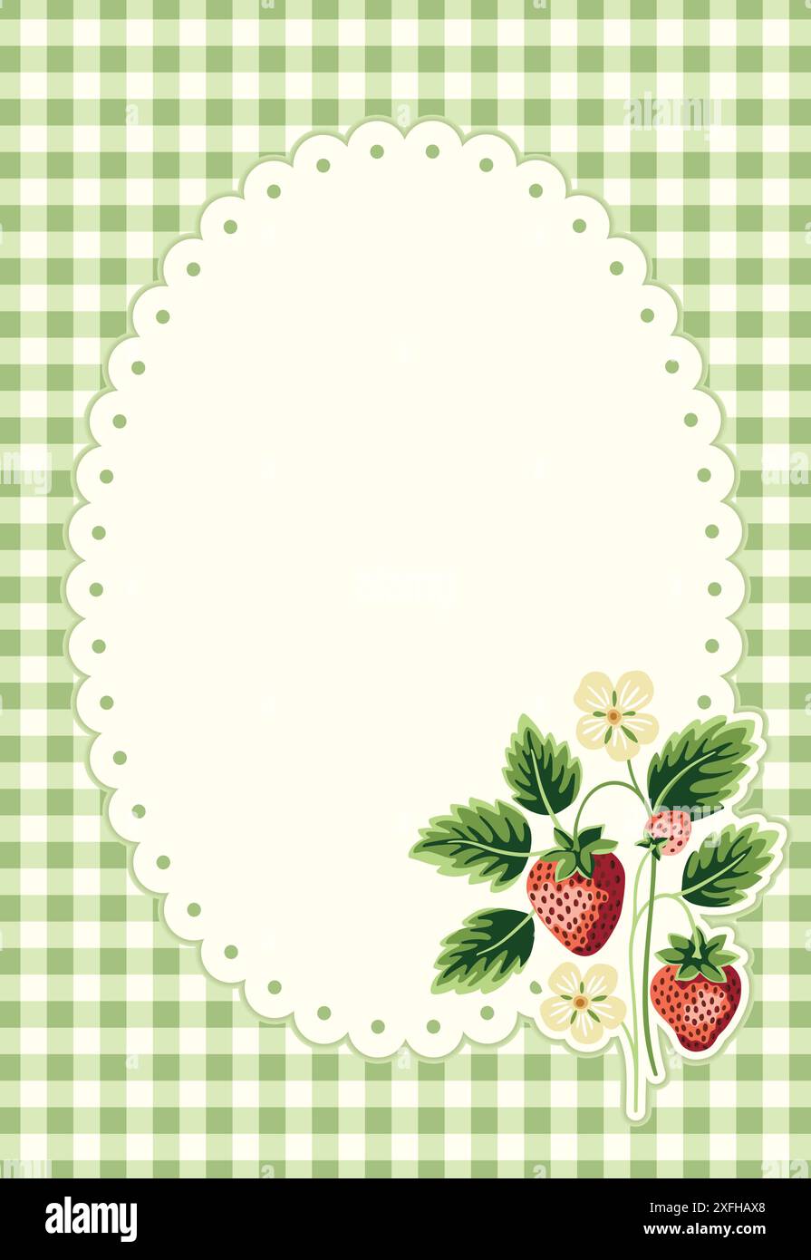 Cottage Core Garden Strawberry and Gingham Oval Vector Frame. Vintage ...