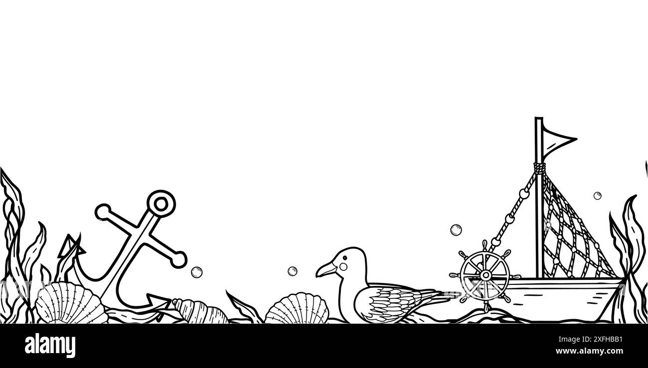 Horizontal vector sea, marine seamless border pattern. Ship, boat ...