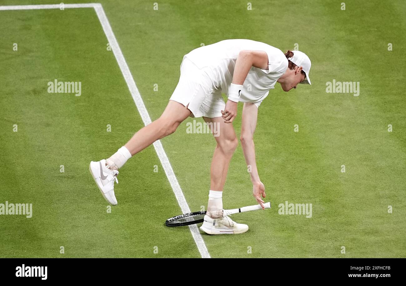 Jannik Sinner appears to throw his racket to the floor following a ...
