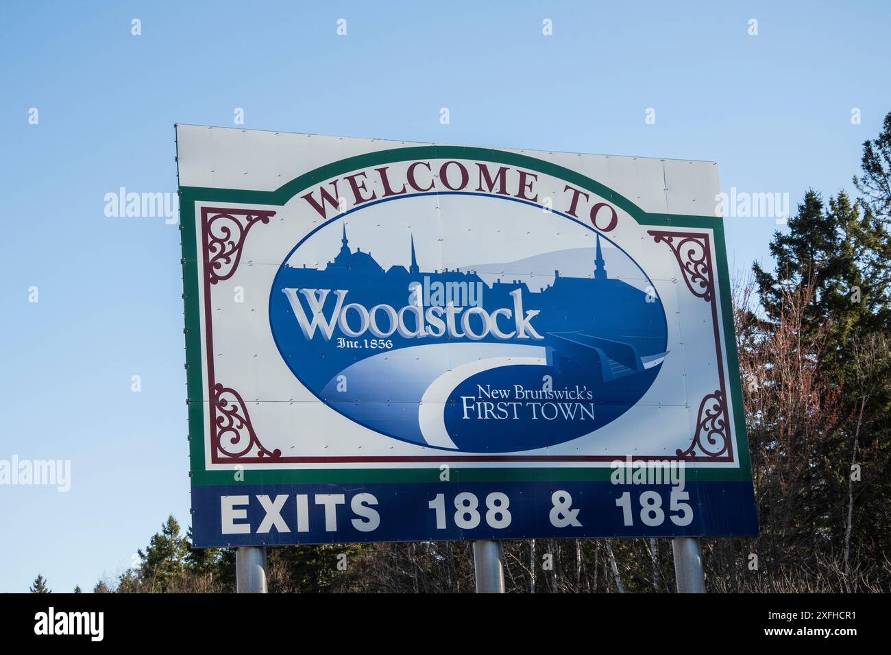 Welcome to Woodstock sign on NB 2 in New Brunswick, Canada Stock Photo ...