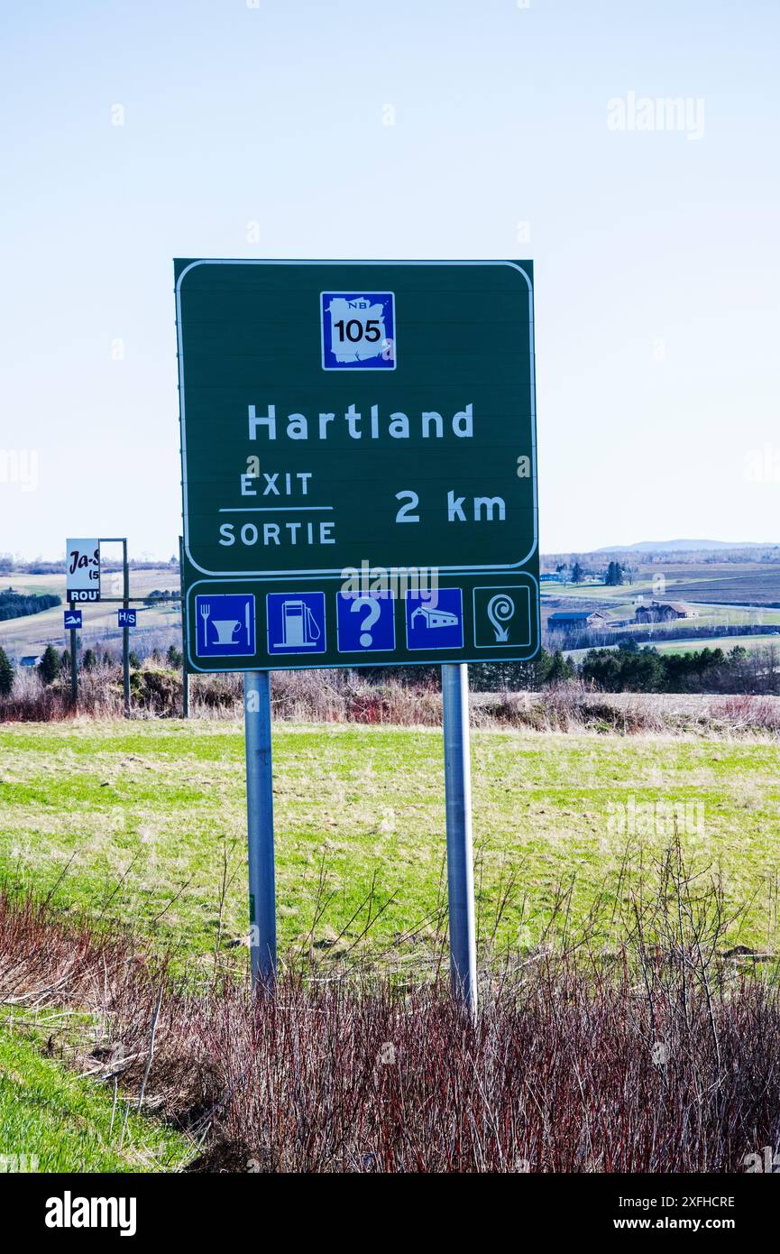 Highway distance sign to Hartland on NB 105 in New Brunswick, Canada ...