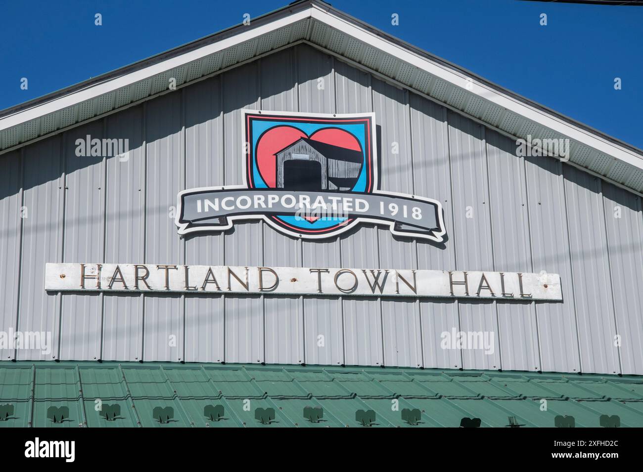 Town hall sign on the building on Orser Street in Hartland, New ...