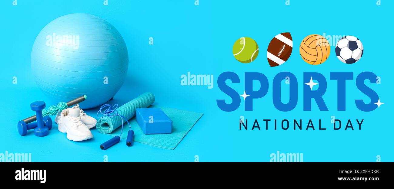 Sports equipment and shoes on light blue background. Banner for ...