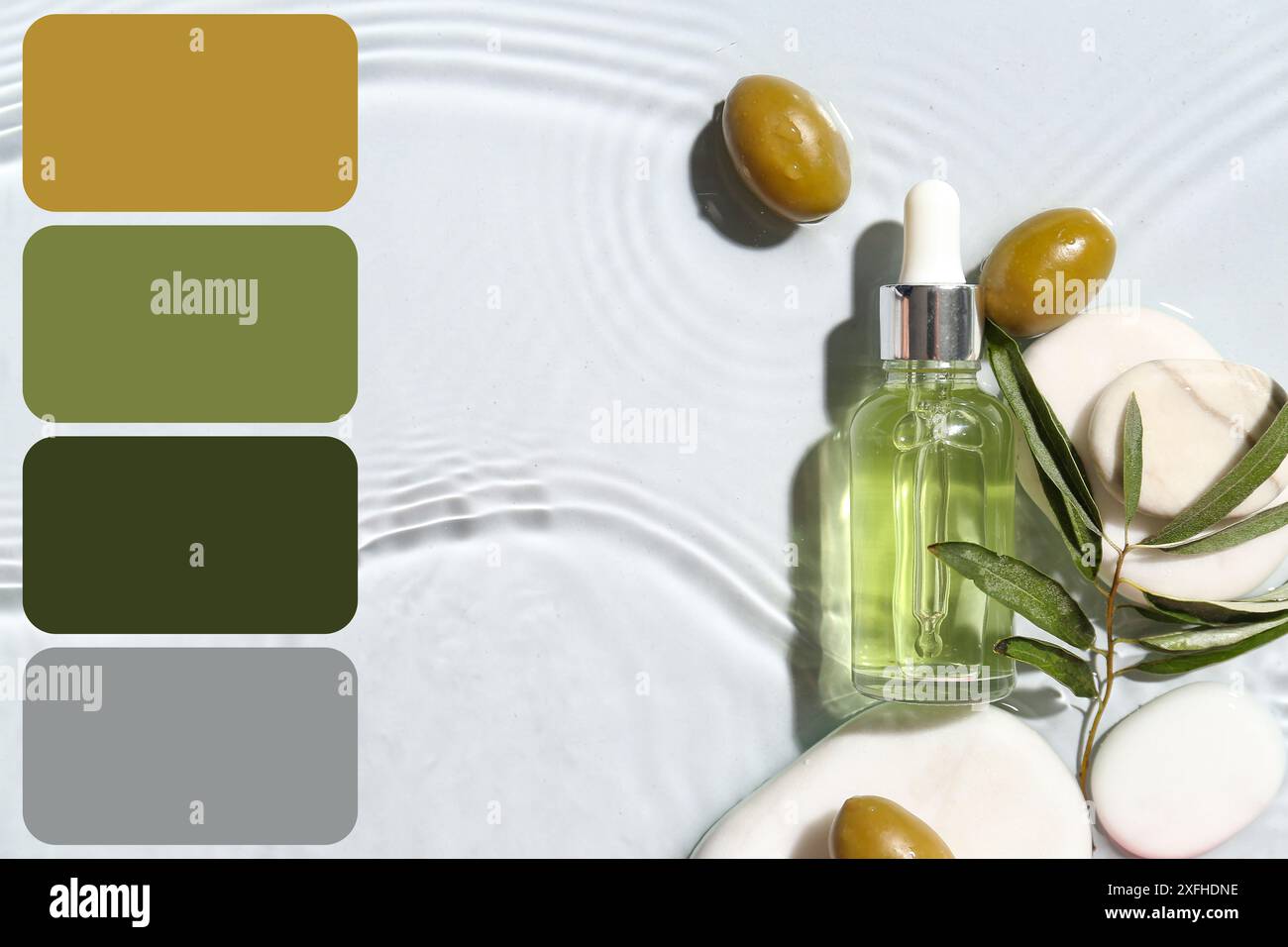 Bottle of essential olive oil and spa stones in water on light ...
