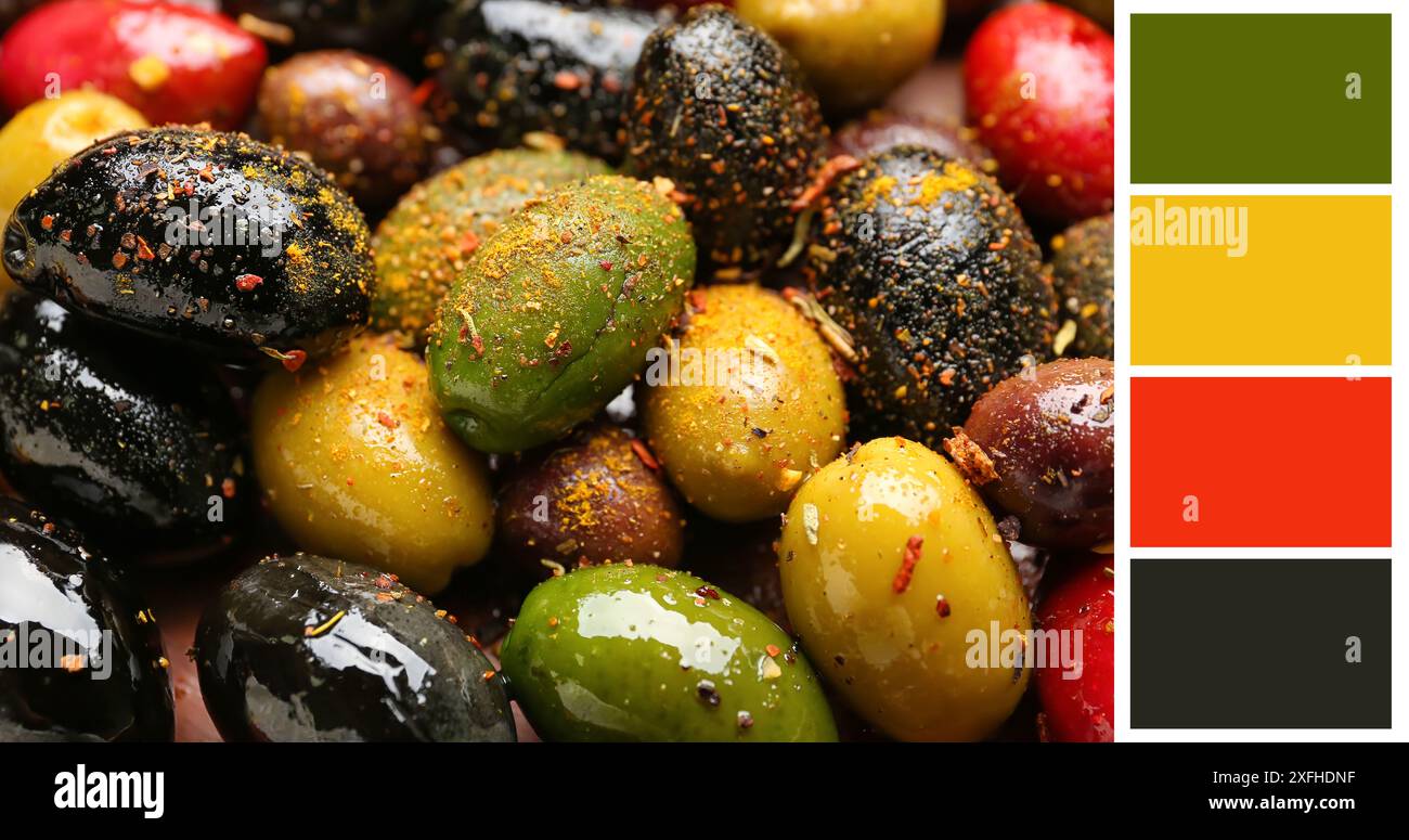 Different kinds of delicious olives with spices, closeup. Different ...