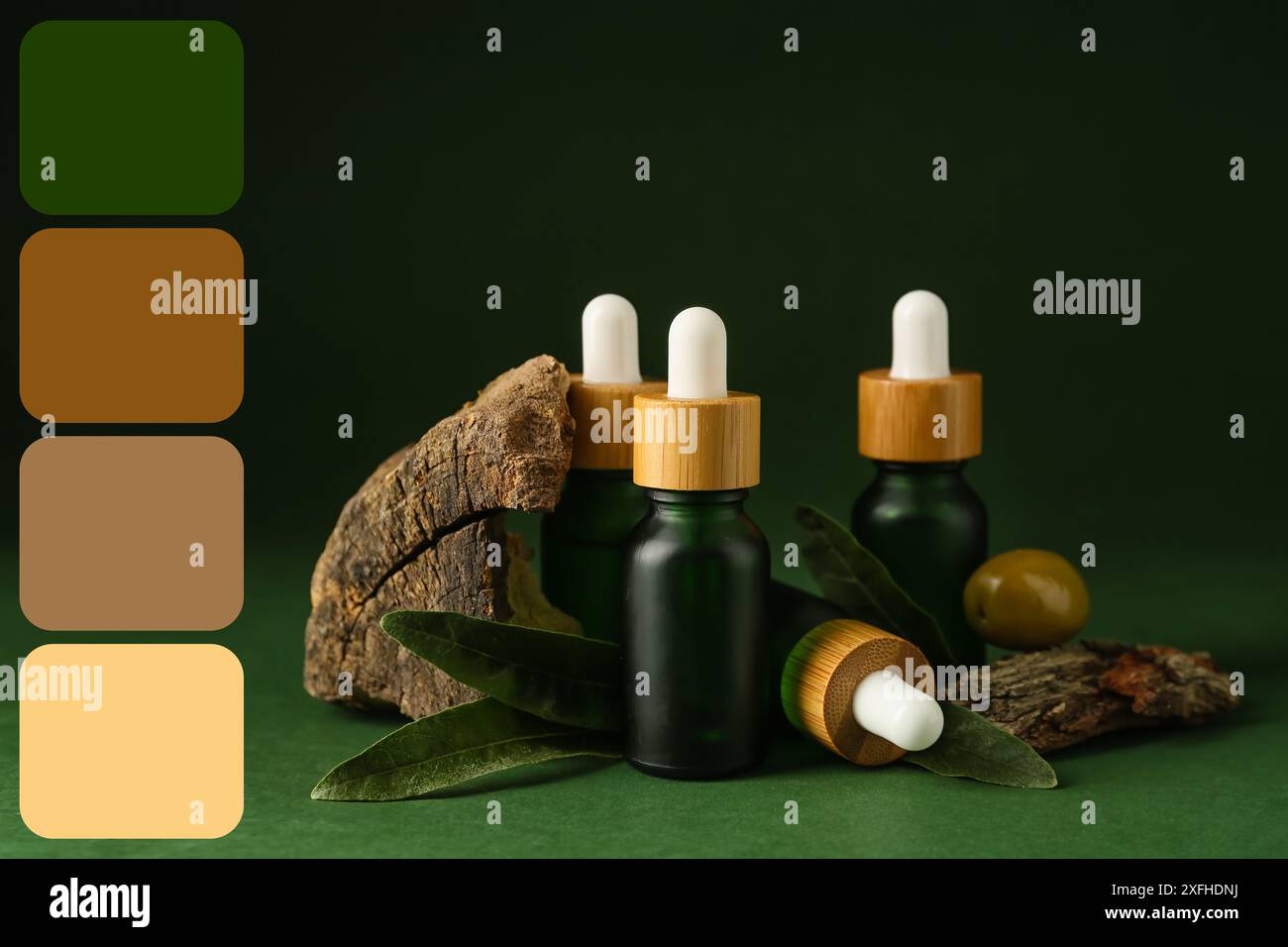 Bottles of olive essential oil on dark green background. Different ...