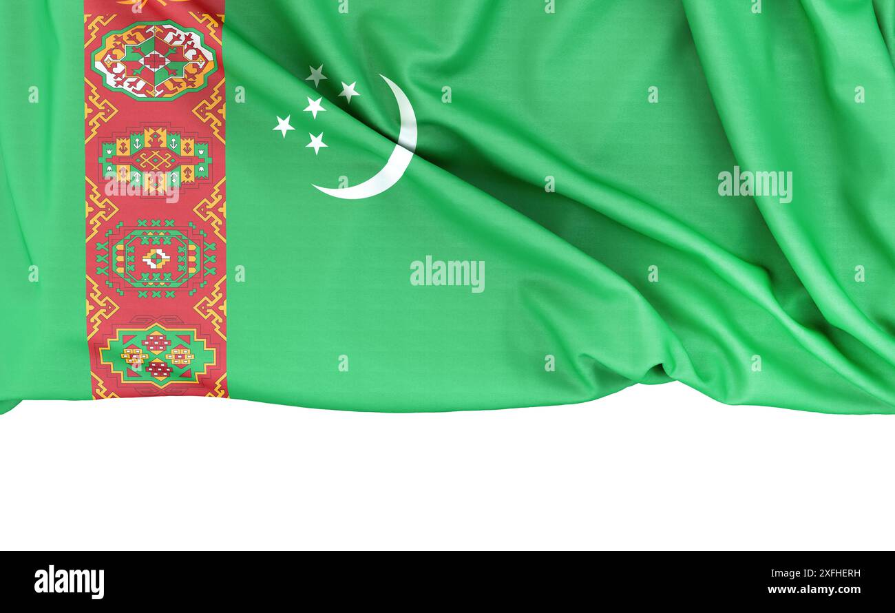Flag of Turkmenistan isolated on white background with copy space below. 3D rendering Stock ...
