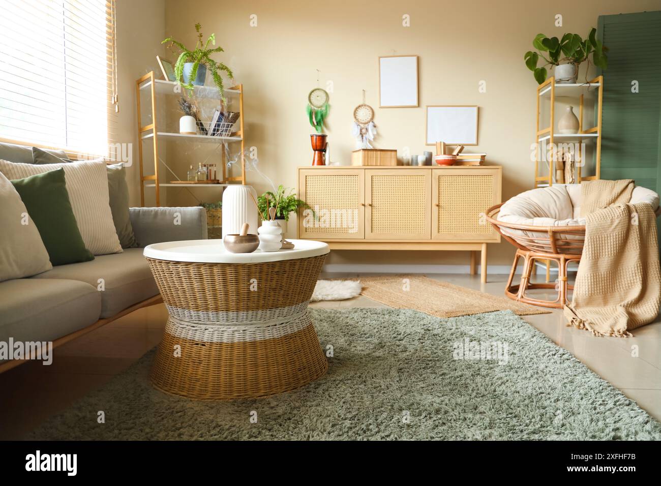 Interior of living room with witch's magic attributes, sofa and ...
