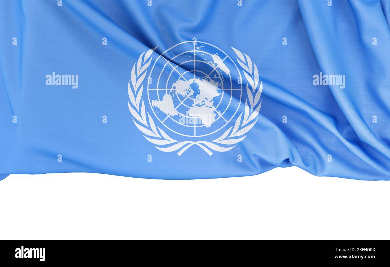 Flag of United Nations isolated on white background with copy space below. 3D rendering Stock ...