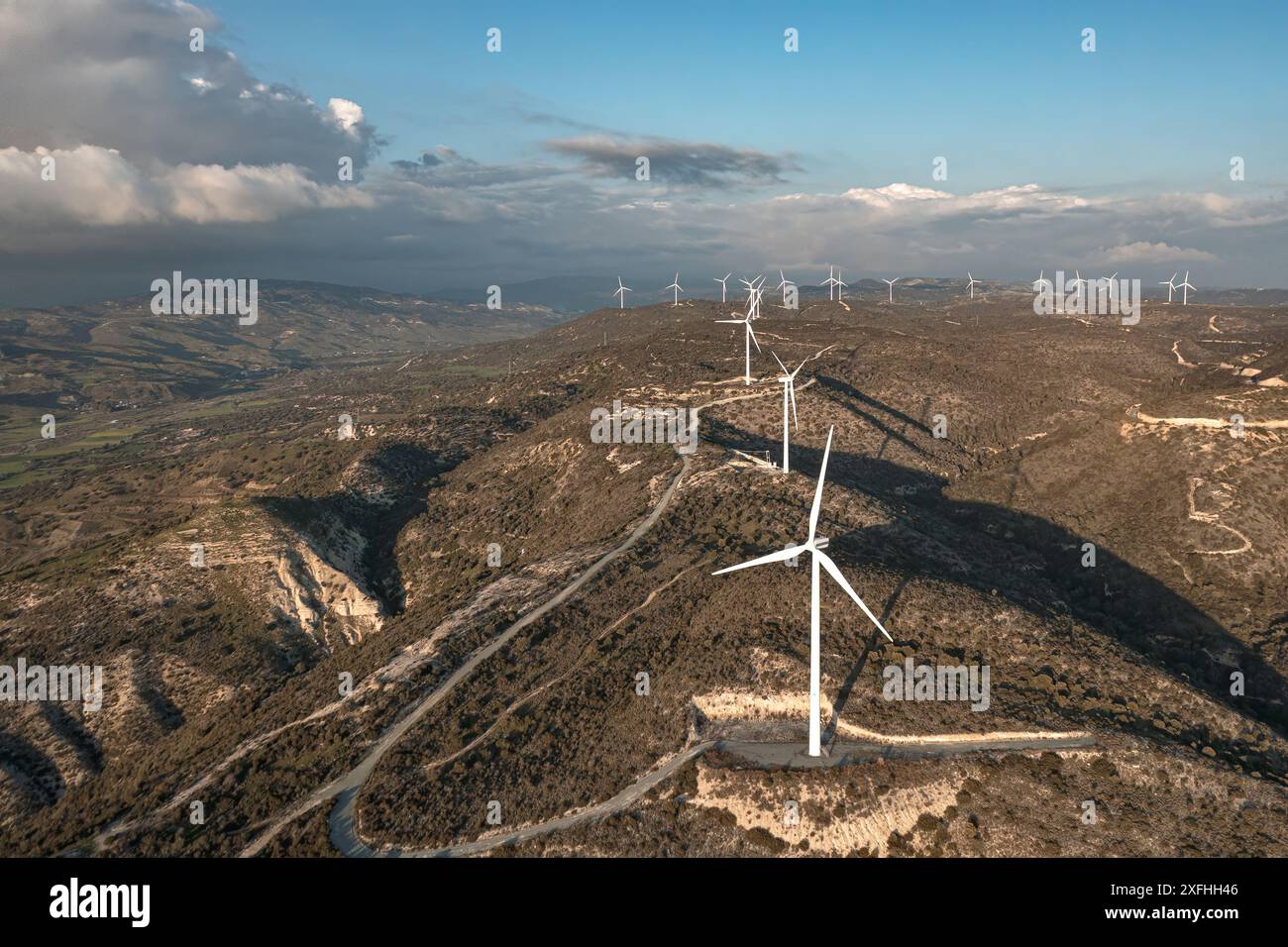 Wind turbines generating clean energy at Oreites windmill park. Paphos ...