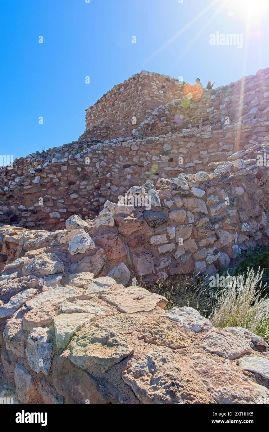Citadel atop village masonry walls of Tuzigoot pueblo ruins site ...
