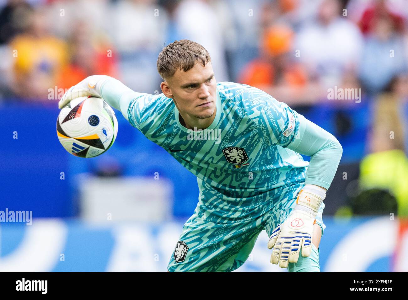 Munich, Germany. 02nd, July 2024. Goalkeeper Bart Verbruggen (1) of the Netherlands seen during ...