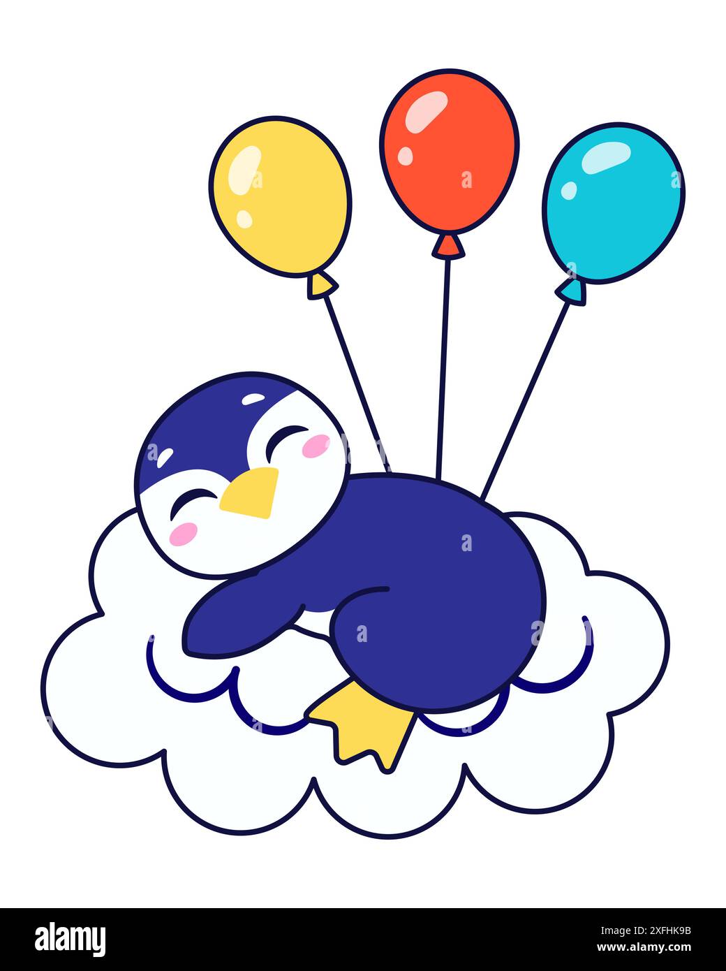 A charming cartoon penguin sleeps on a cloud. Penguin and colorful ...