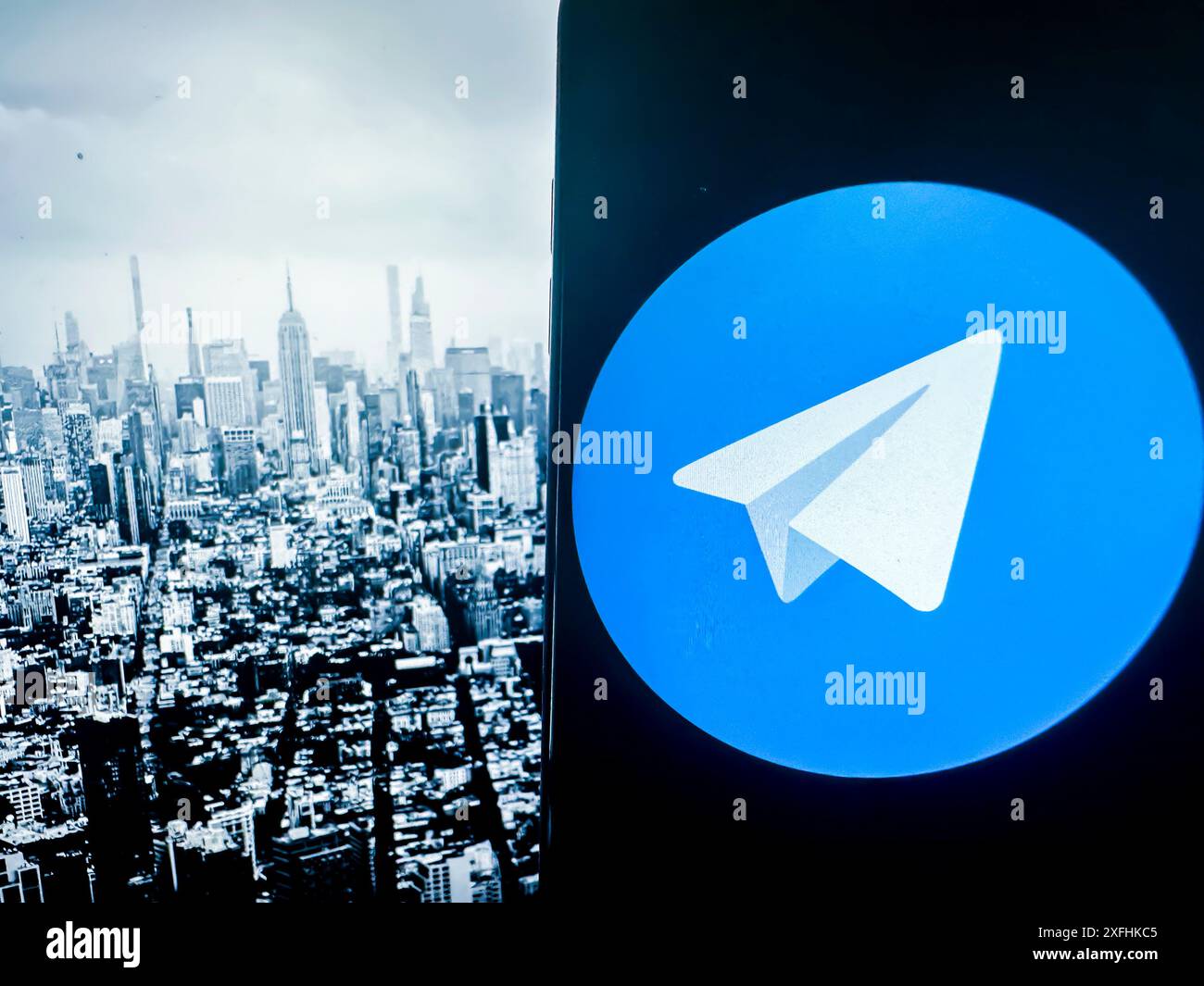 New York, New York, USA. 1st July, 2024. Telegram App with the NYC skyline in the background ...