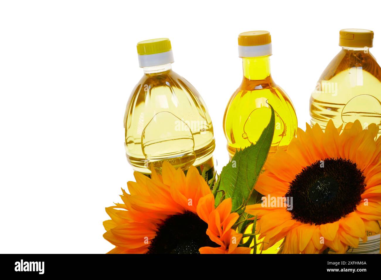 Sunflower oil in bottles set and sunflower flowers isolated on white ...