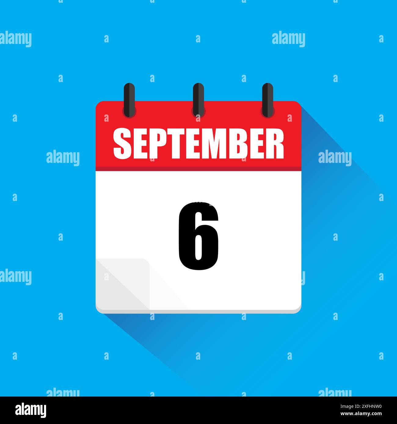 Calendar icon illustration. September six. Red and white design. Blue ...