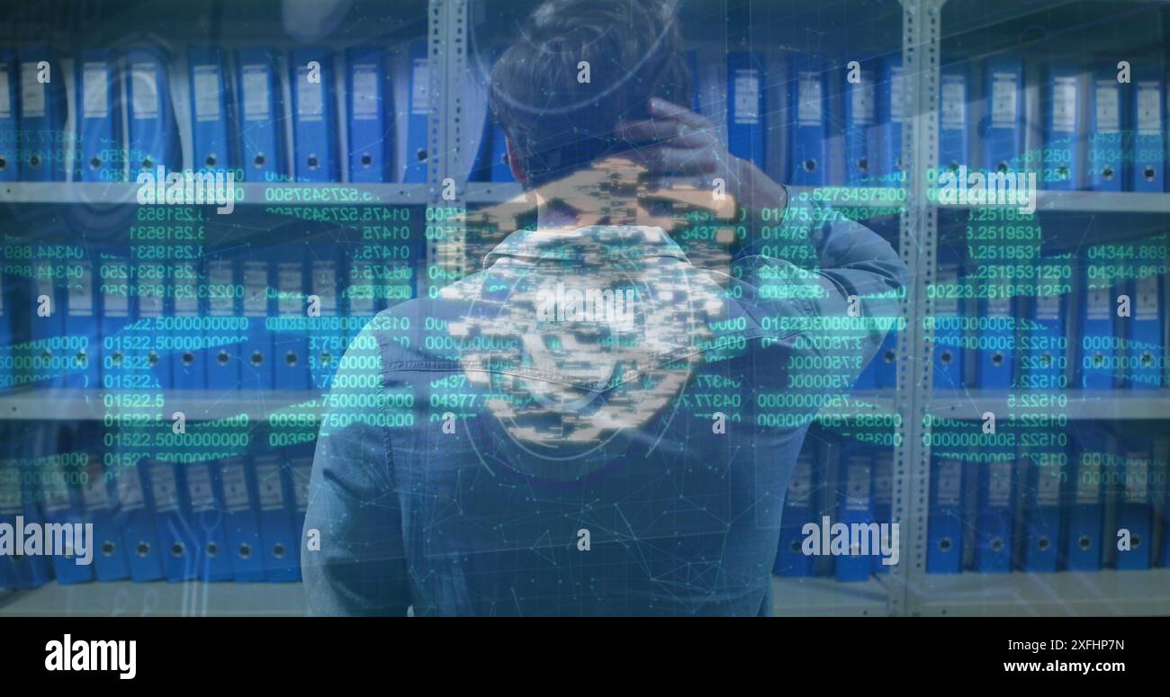 Image of padlock in shield, blockchain, rear view of confused caucasian ...