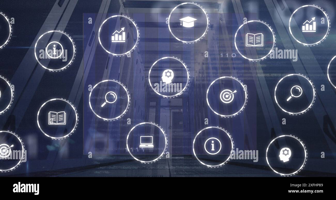 Image of multiple icons, graphs and computer language over data server room Stock Photo - Alamy