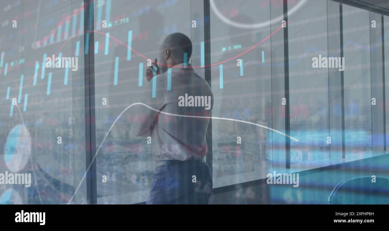 Image of graphs and trading board, thoughtful african american man ...