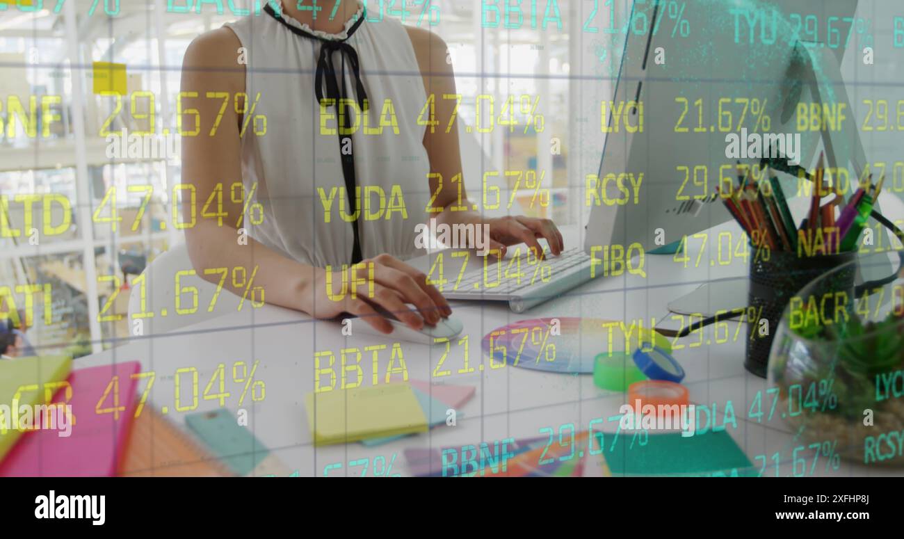 Image of grid pattern and trading board over biracial woman working on ...